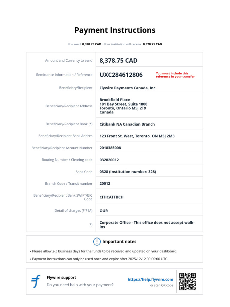 Flywire Payment Instructions for CAD Transfer | PDF | Payments ...