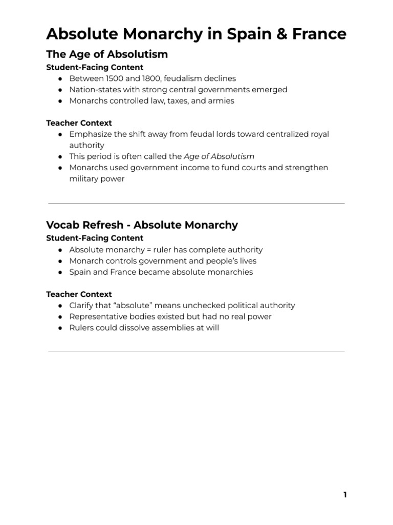 Absolute Monarchy in Spain & France Teacher Notes | PDF | Spain ...