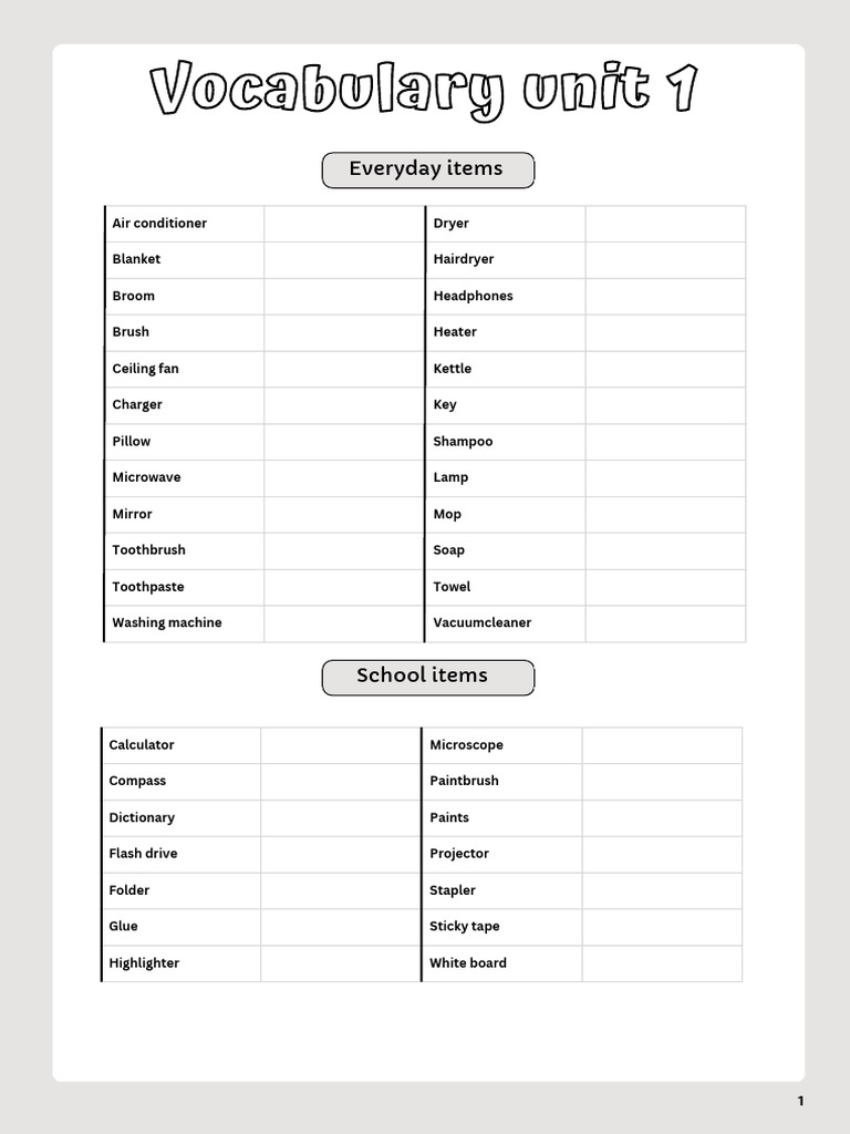 Vocabulary for Everyday Items and Activities | PDF