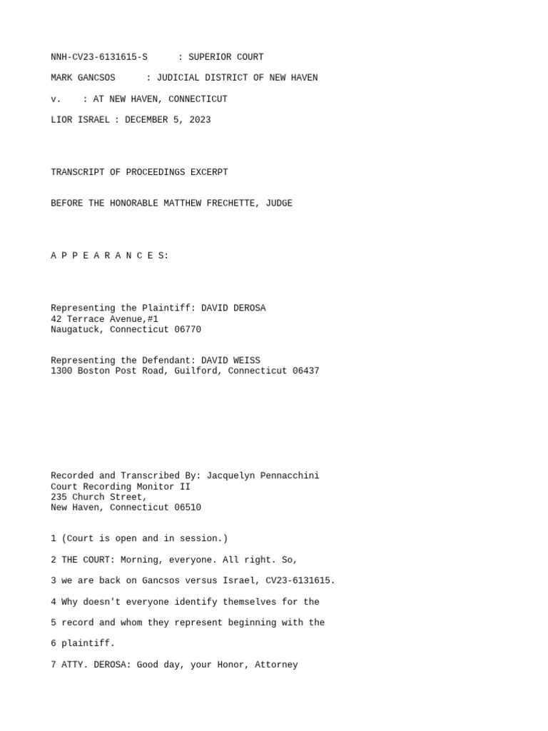 Court transcript_12-05-23 Gancsos v Israel | PDF | Witness | Common Law