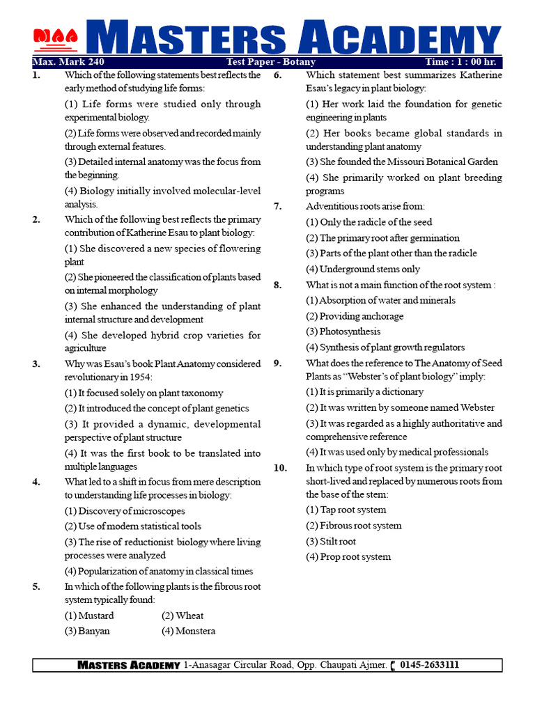 Botany Test Paper: Plant Anatomy & Functions | PDF | Leaf | Seed