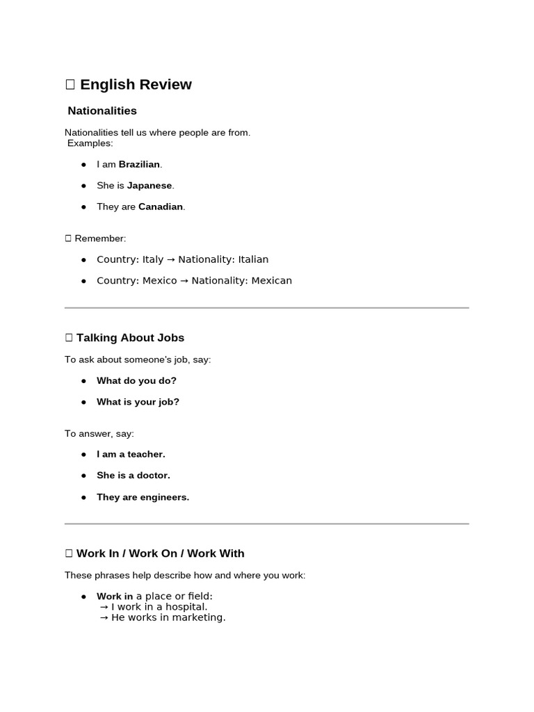 English Language Basics: Nationalities & Jobs | PDF
