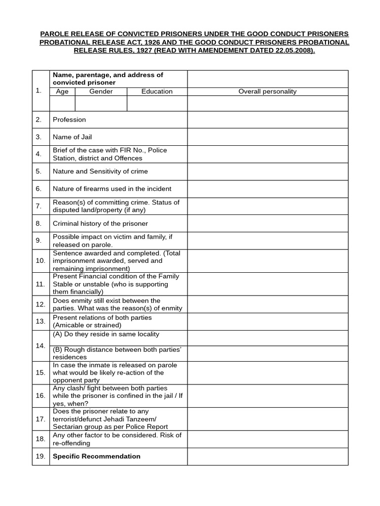New Revised Proforma Release on Parole | PDF