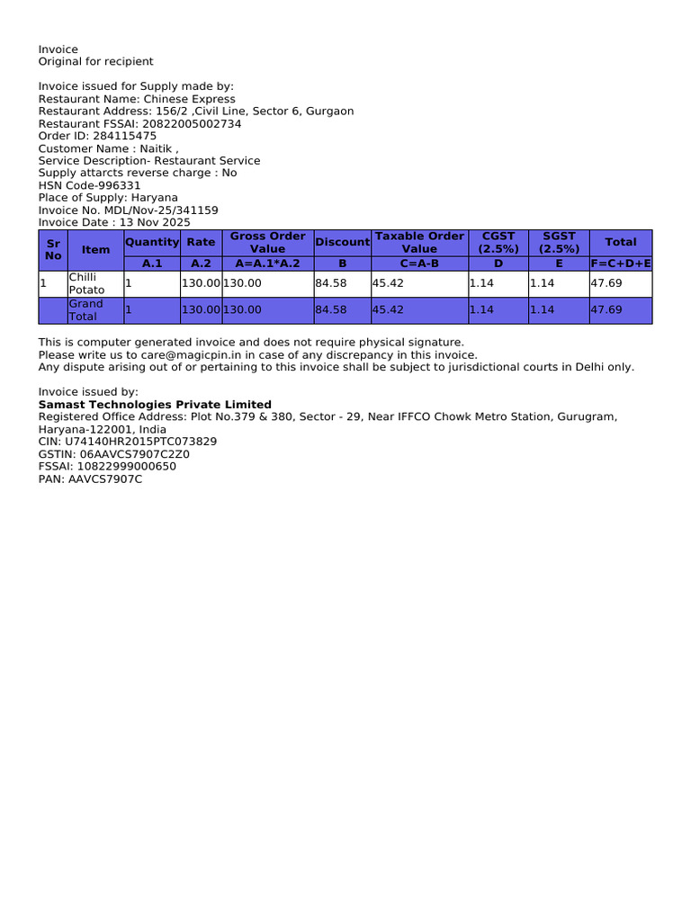 Invoice for Chinese Express Order 284115475 | PDF