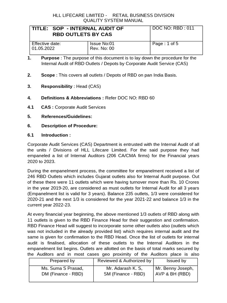 RBD 011 - SOP - Internal Audit of RBD Outelts by CAS | PDF | Audit | Internal Audit