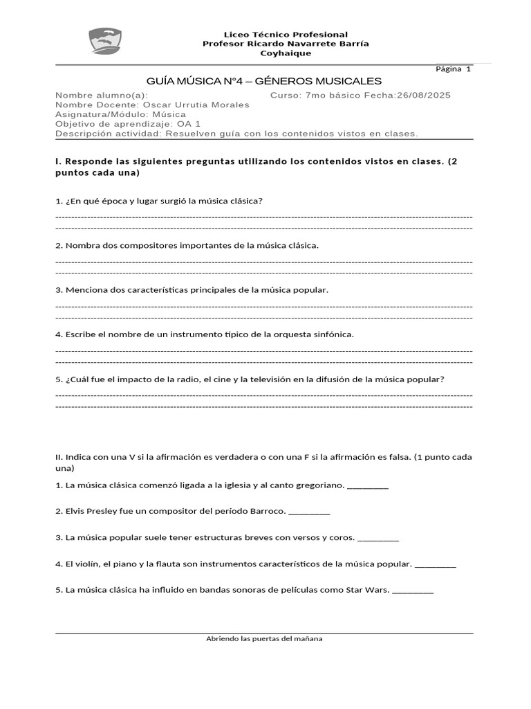 Guía 4 música generos musicales clasico y popular | PDF | Música clásica | Musicología