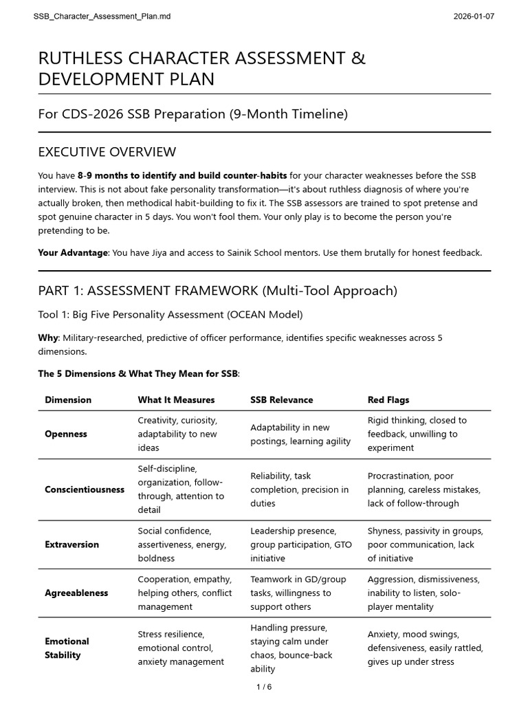 SSB Character Assessment Plan | PDF | Social Psychology | Psychology