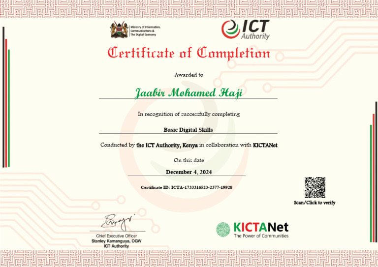 Jaabir Mohamed Haji Basic Digital Skills KICTANET Certificate Cohort 4 Digital Skills Training ...