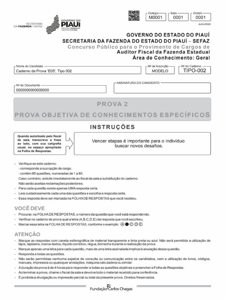 Prova Auditor Fiscal Piauí 2025: Questões e Instruções | PDF | Taxa de ...
