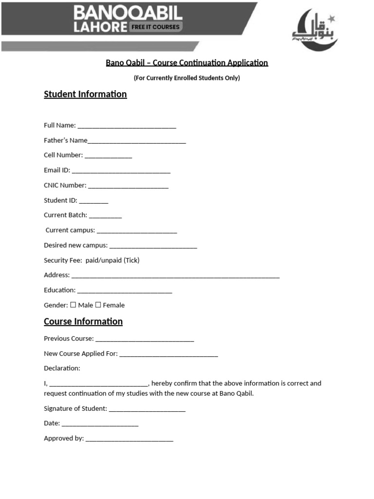 Bano Qabil Course Continuation Form | PDF