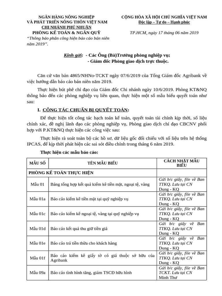 Ban Phan Cong BC PTTC Ban Nien 2019 | PDF