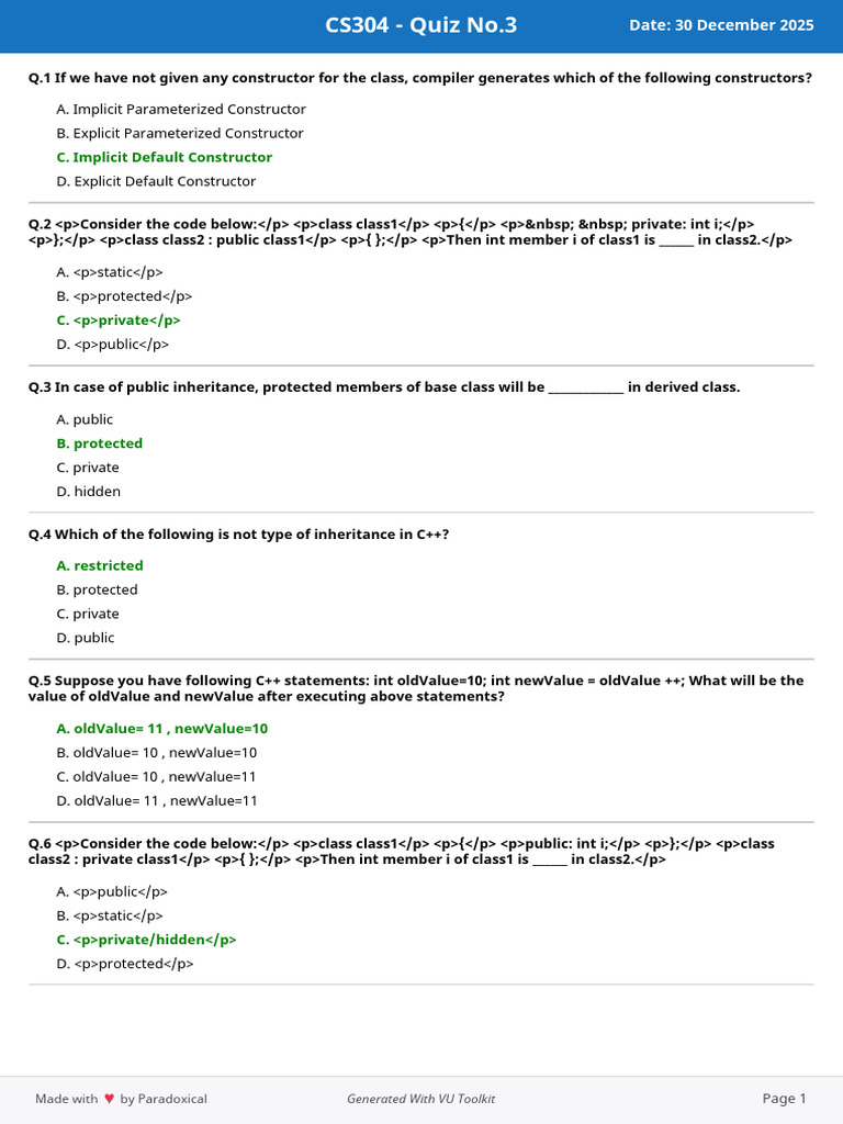 Quiz_CS304_3 (1) | PDF | Constructor (Object Oriented Programming) | Programming