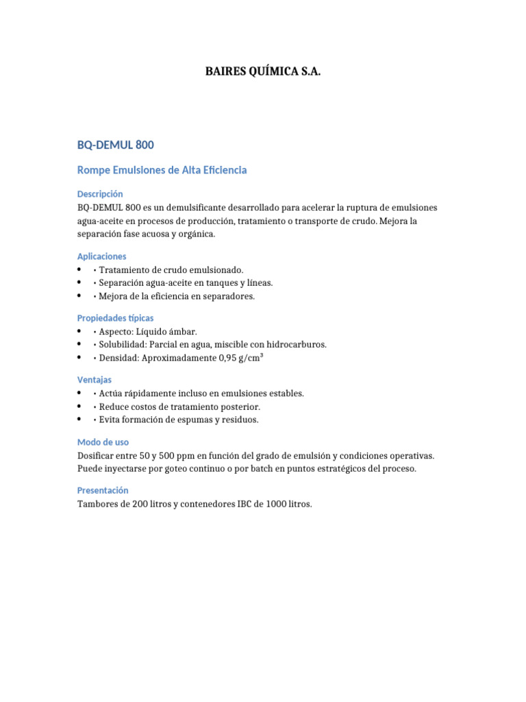 Demulsificante BQ-DEMUL 800 para crudo | PDF