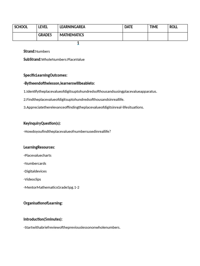 Grade 5 Maths Lesson Plans | PDF | Mathematics | Science