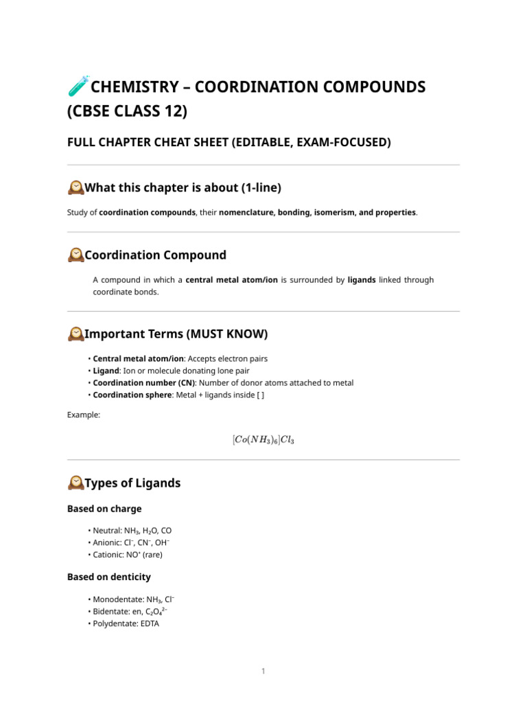 Chemistry Class 12 – Coordination Compounds Cheat Sheet | PDF ...