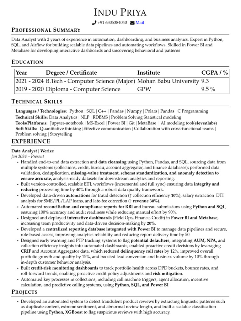 Indu Priya Resume Base | PDF | Analytics | Data Analysis