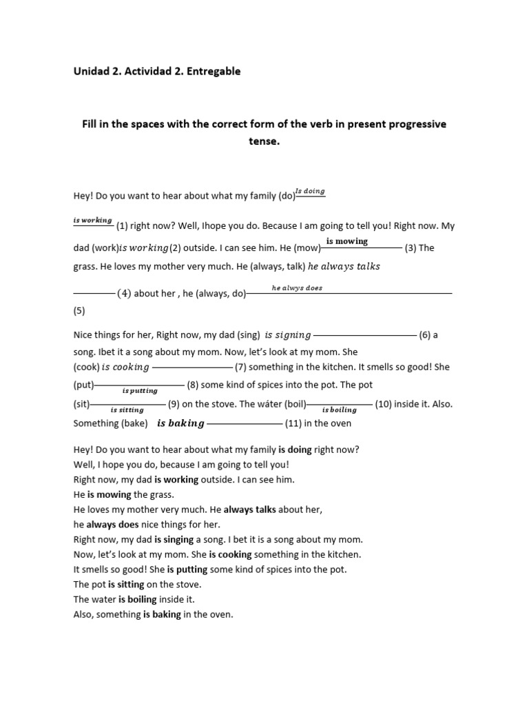Present Progressive Verb Practice | PDF