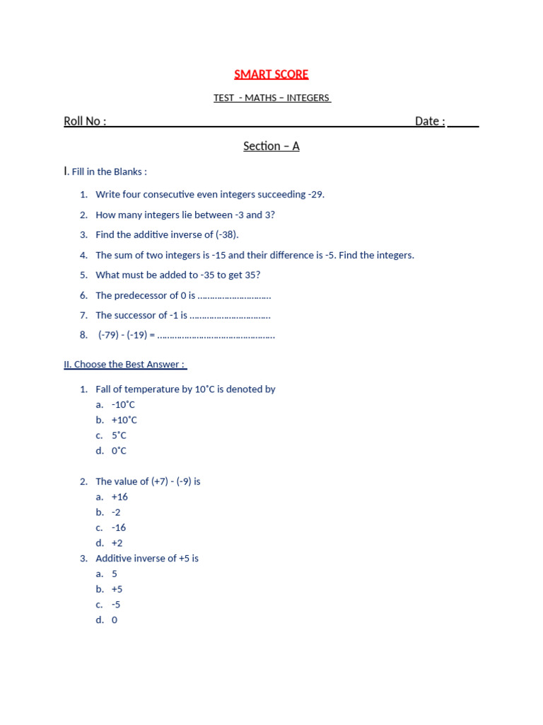 Maths Test on Integers and Operations | PDF