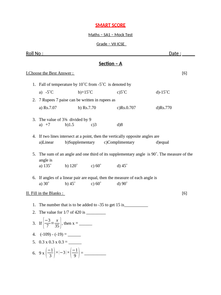 Maths-SA 1 -Mock Test - 7th ICSE - 2024 | PDF | Angle