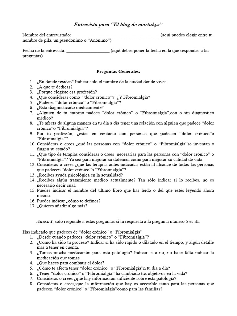 Entrevista Para El Blog, Modelo, 04.11.25 | PDF | Fibromialgia | Dolor