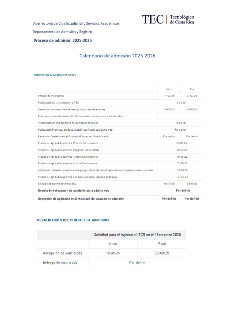 Calendario de Admisión TEC | PDF