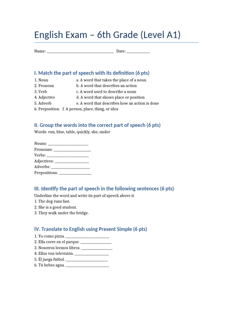 English Exam 6th Grade | PDF