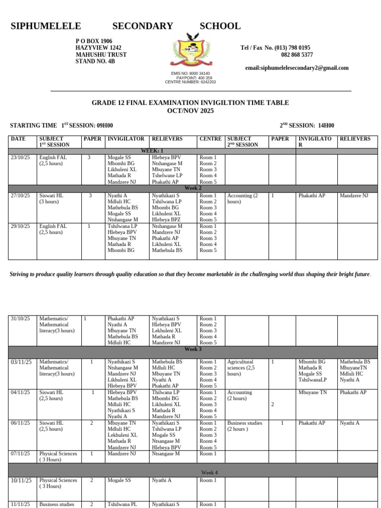 Grade 12 Exam Timetable 2025 | PDF