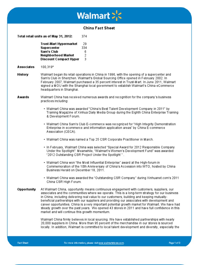 Walmart China Fact Sheet | PDF | Walmart | China