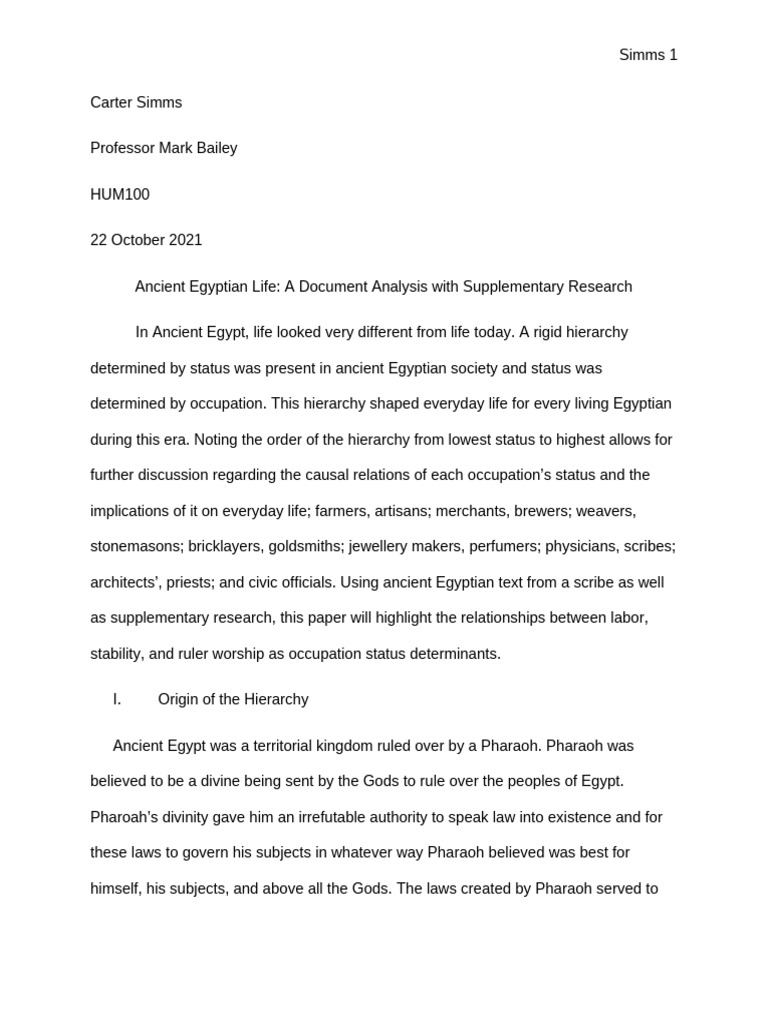 Carter Simms HUM100 Ancient Egyptian Life: A Document Analysis with ...