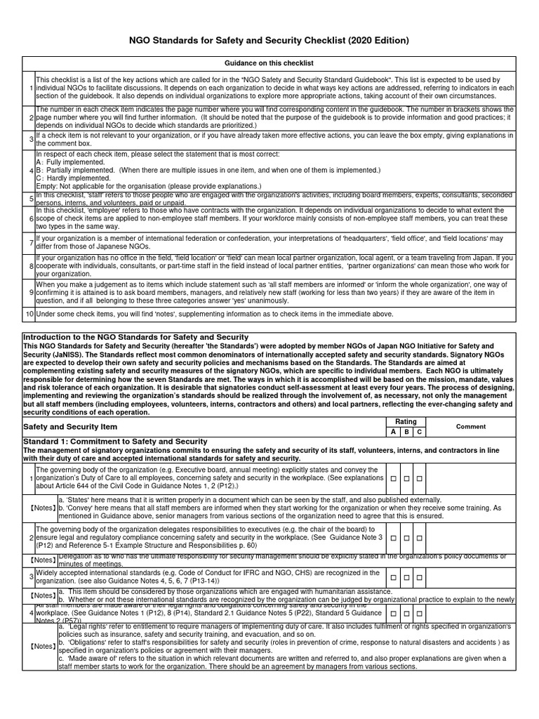 NGO Standards for Safety and Security Checklist | PDF | Non ...