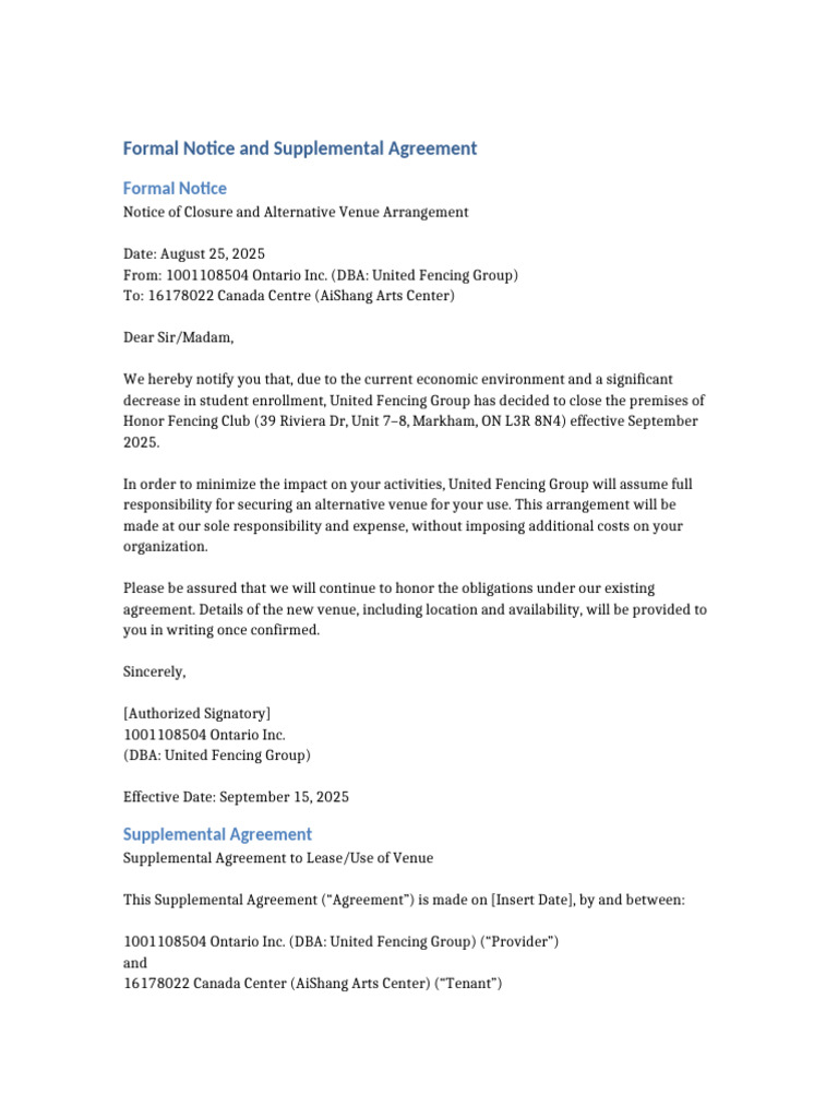 Formal Notice and Supplemental Agreement With Effective Date | PDF ...