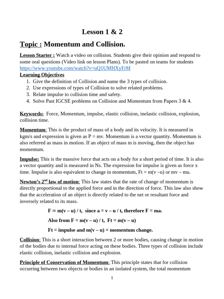 Note on Momentum and Collision | PDF | Collision | Momentum