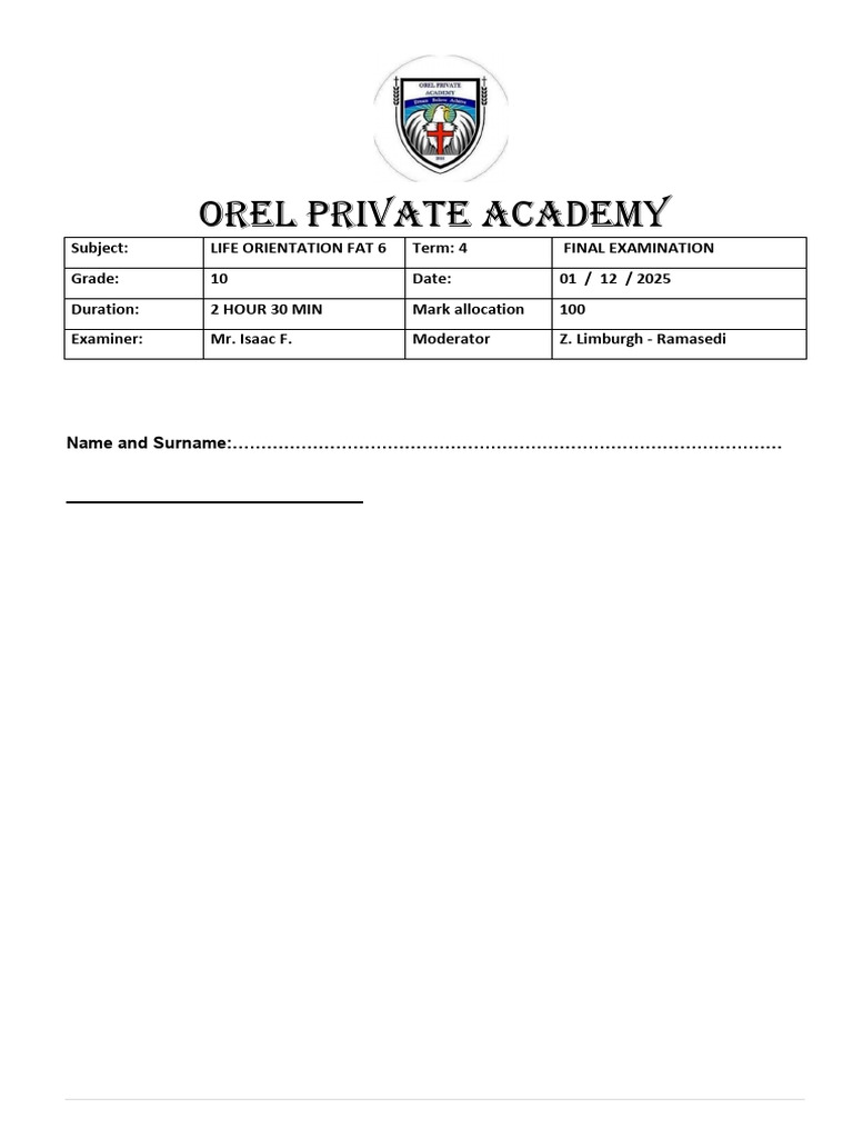 Grade - 10-Life Orientation Test 2025 | PDF | Adolescence | Violence