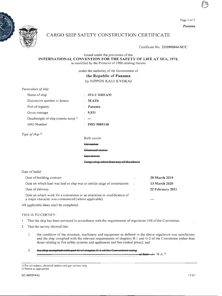 Panama Cargo Ship Safety Certificate | PDF | Shipping | Water Transport