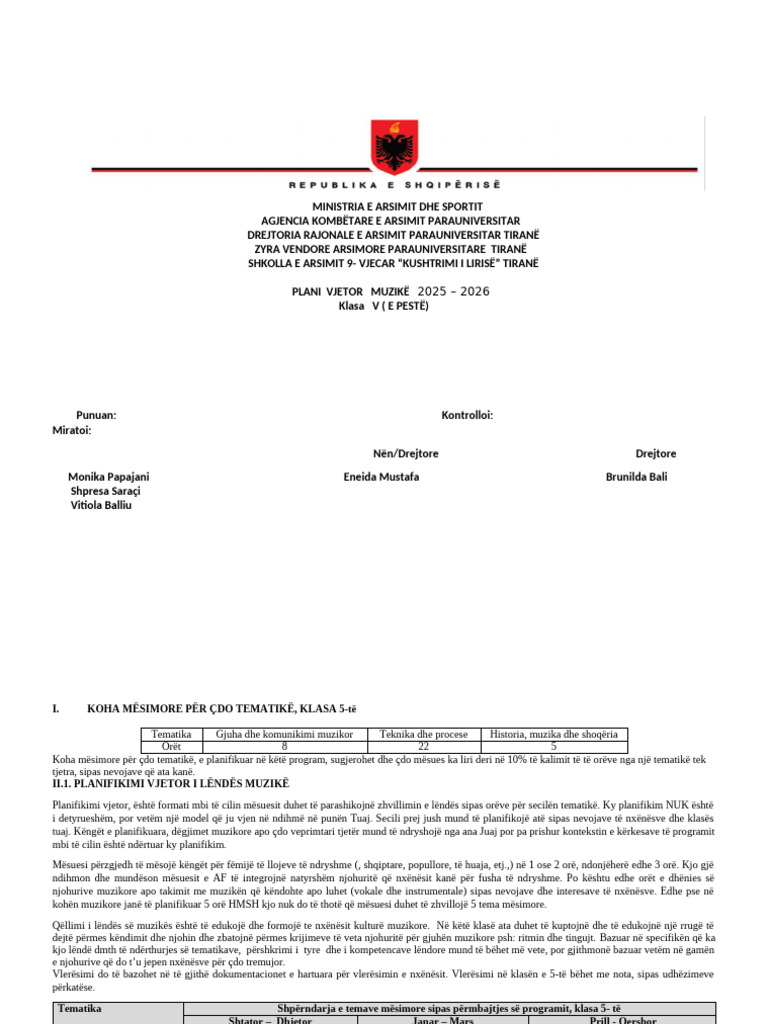 1. MUZIKA 5 Plani Mesimor Vjetor | PDF