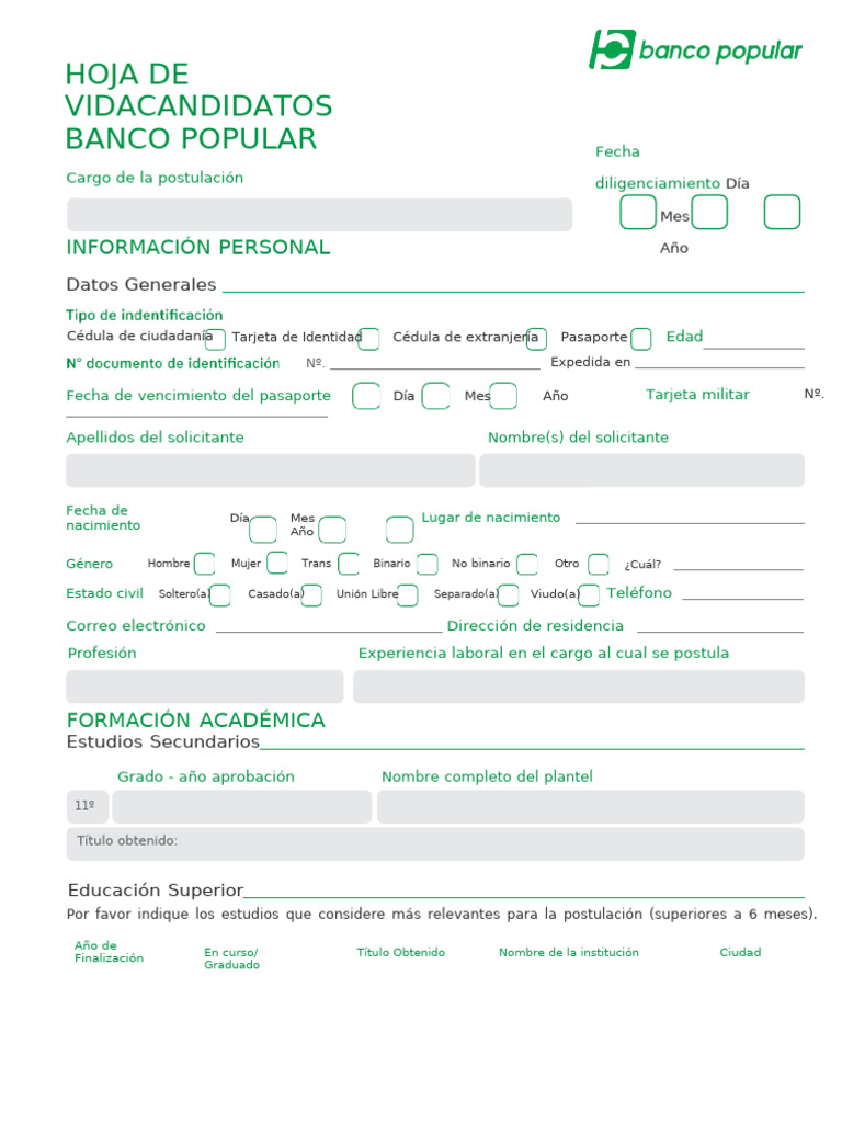 Hoja de Vida para Banco Popular | PDF