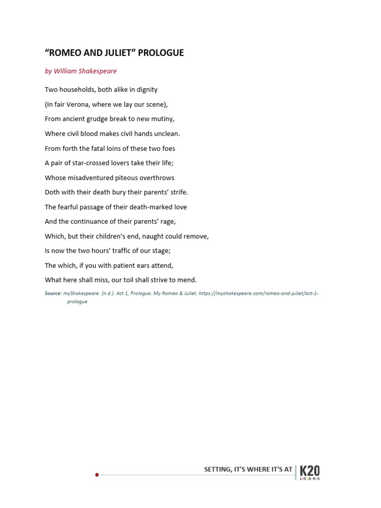 Romeo and Juliet Prologue Setting It s Where It s At | PDF