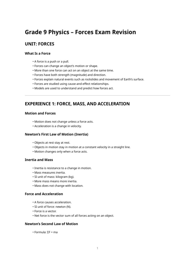 Grade 9 Physics: Forces Exam Guide | PDF | Force | Acceleration