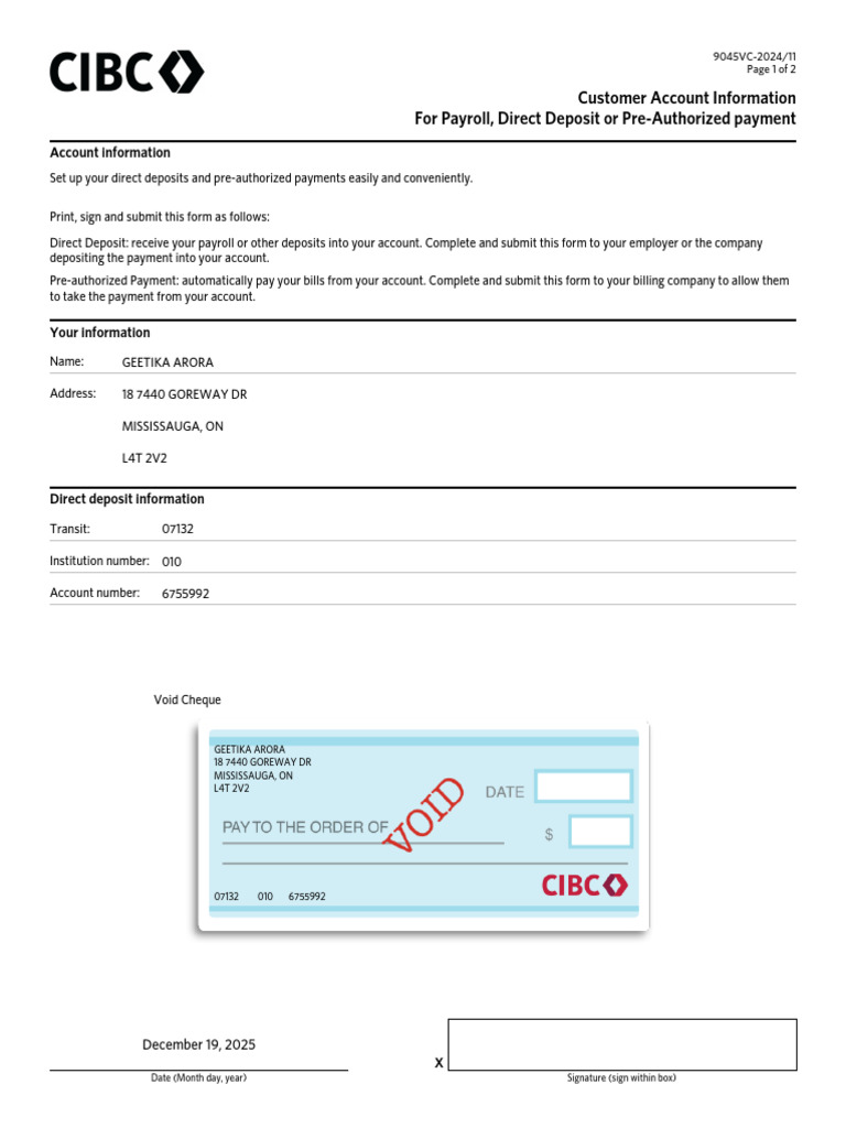 CIBC Void Cheque_Direct Deposit Form | PDF | Payments | Cheque