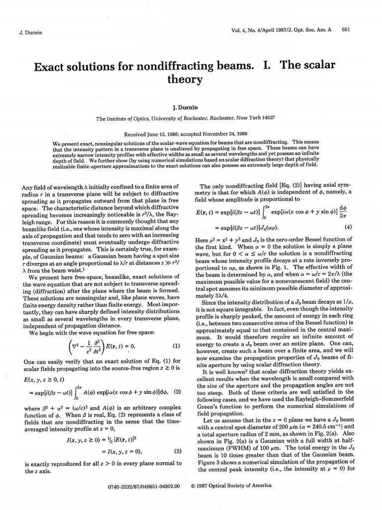 Exact solutions for nondiffracting beams. I. The scalar theory | PDF ...