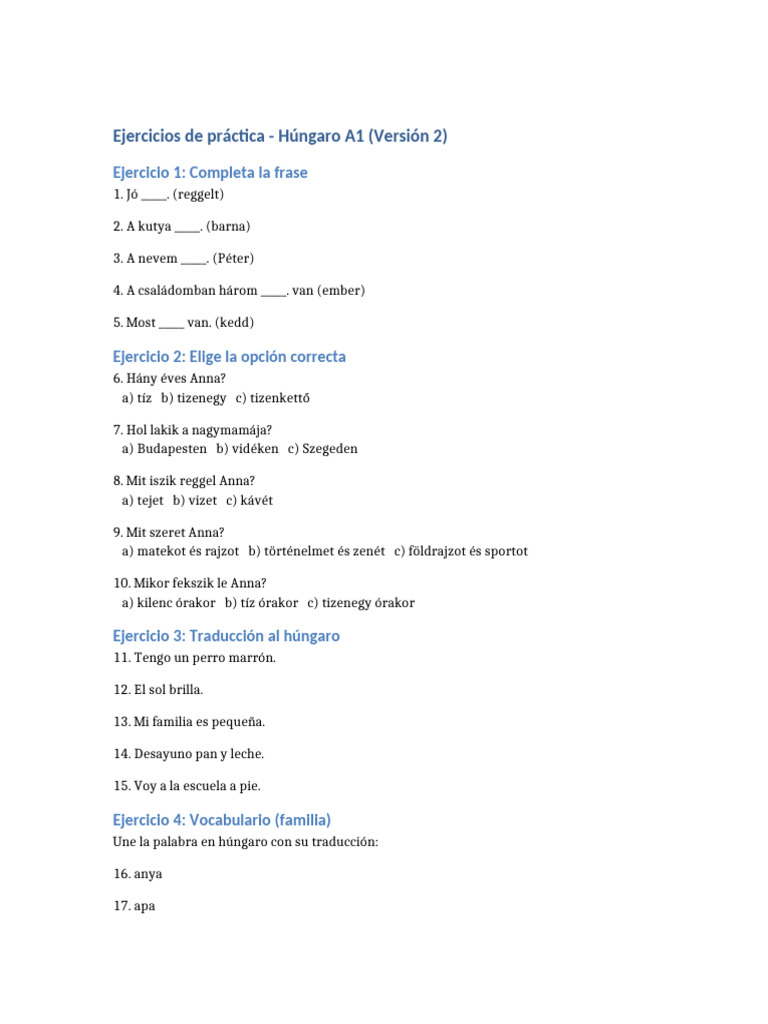 Ejercicios Hungaro A1 v2 | PDF