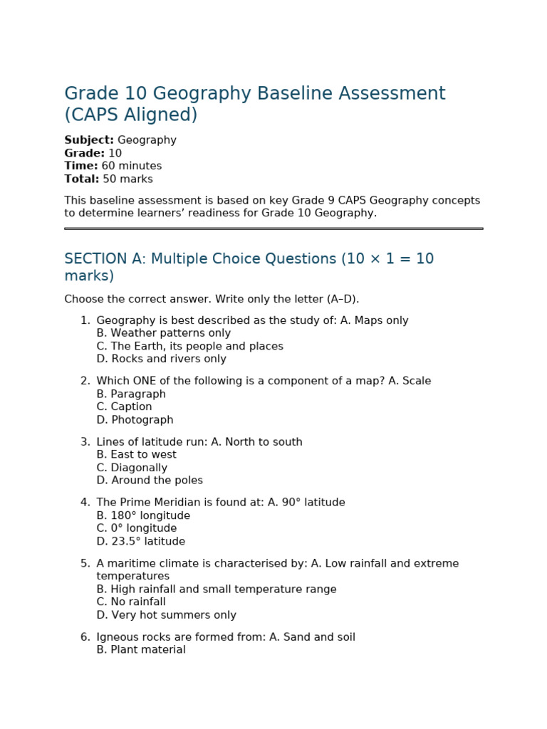 Grade 10 Geography Baseline Test | PDF | Rock (Geology) | Geography