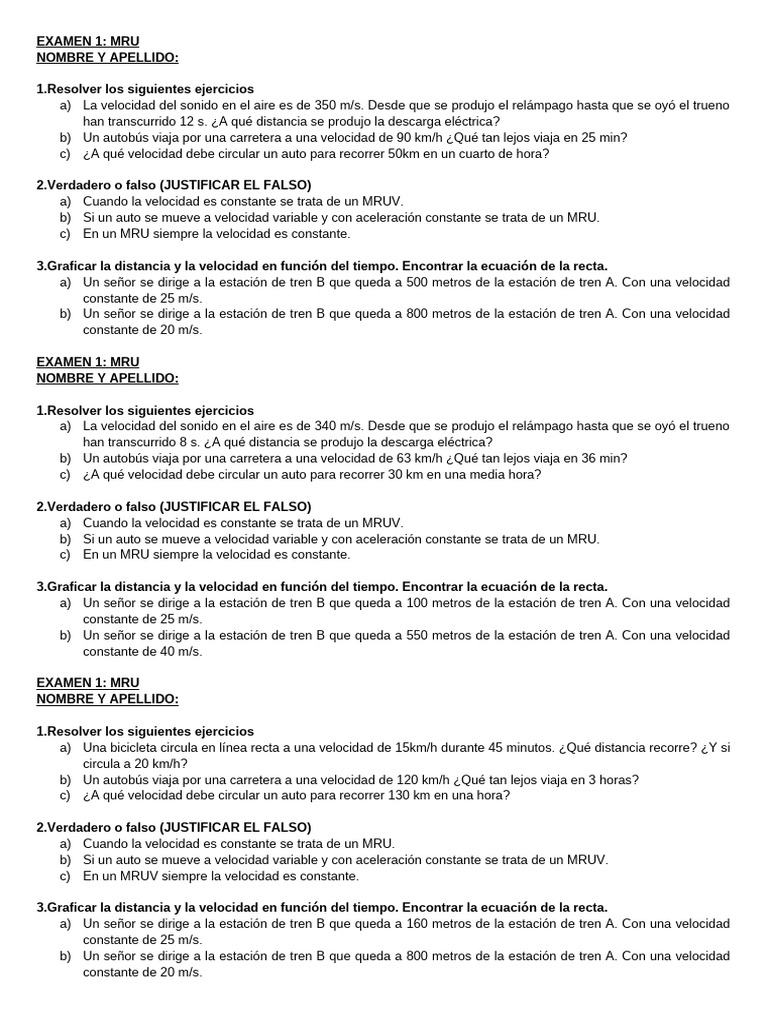Ejercicios de MRU y Velocidad | PDF | Velocidad | Tren