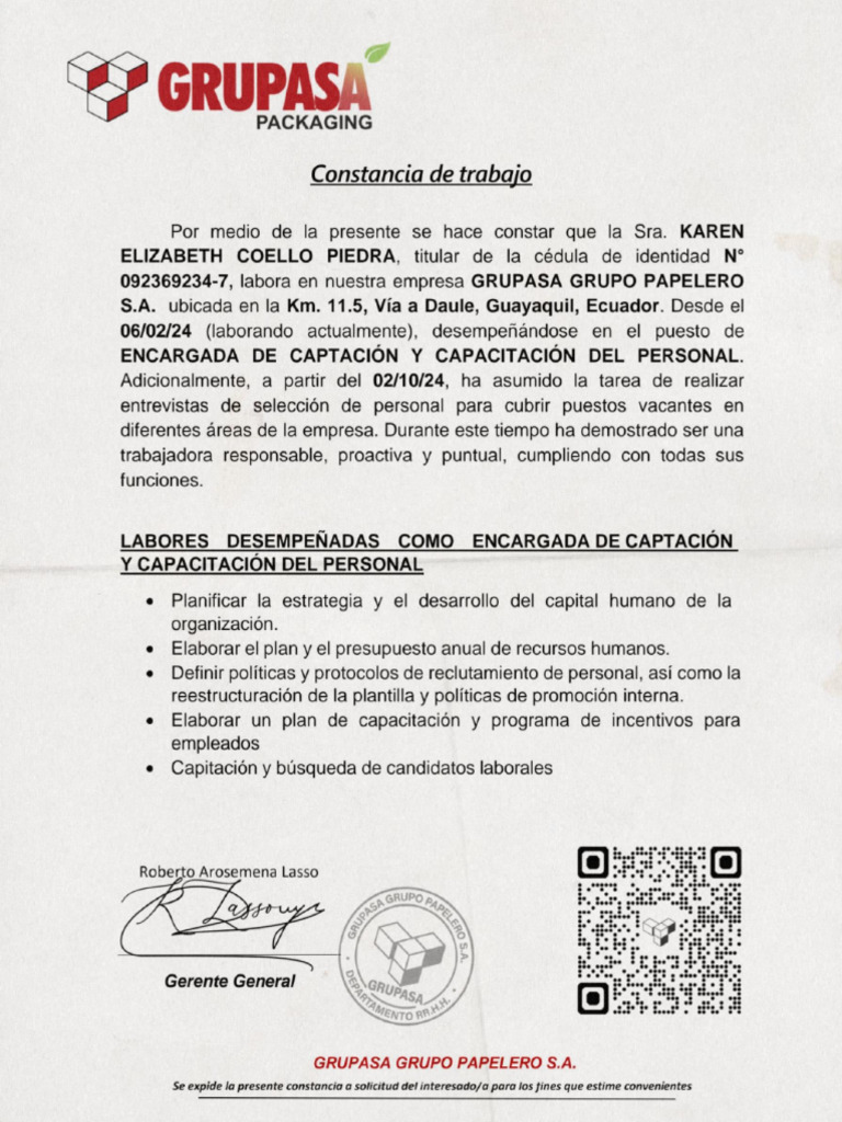 Carta de Trabajo y Cédula Grupasa | PDF