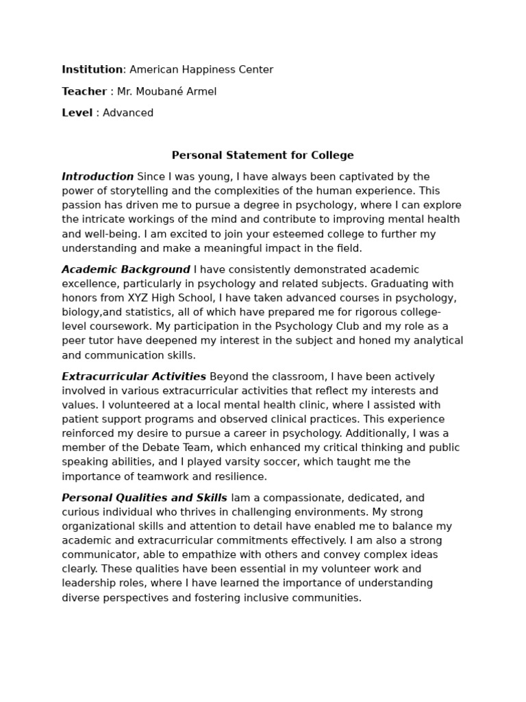 Sample of Personal Statement | PDF | Psychology | Mental Health