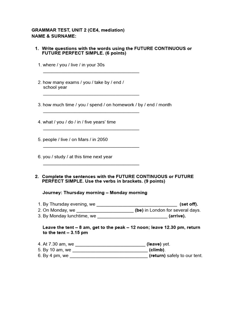 Future Tenses Grammar Test Unit 2 | PDF