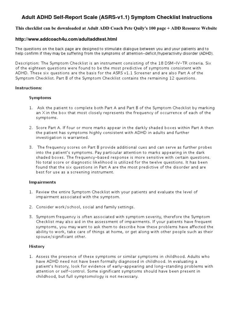 Adult ADHD Screening Test | PDF | Adult Attention Deficit Hyperactivity ...