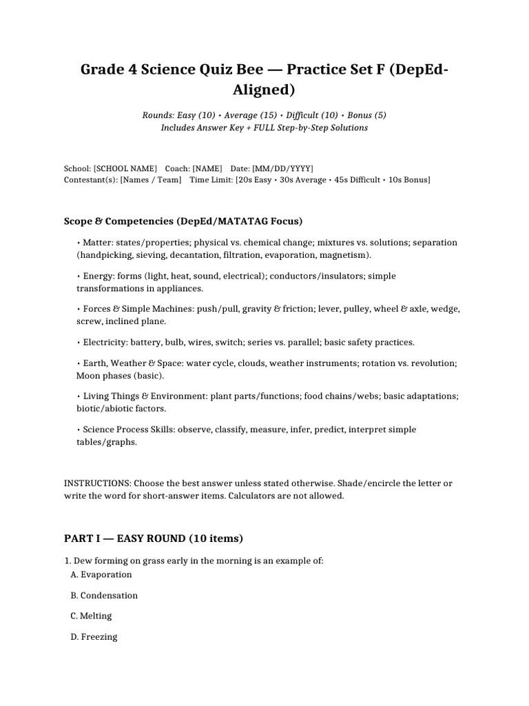 Grade 4 Science Quiz Bee Practice Set F | PDF | Water | Heat Transfer