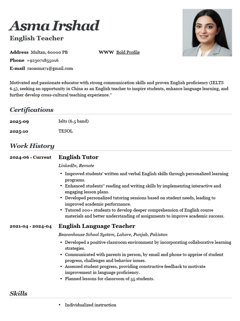 Asma Irshad: English Teacher Profile | PDF