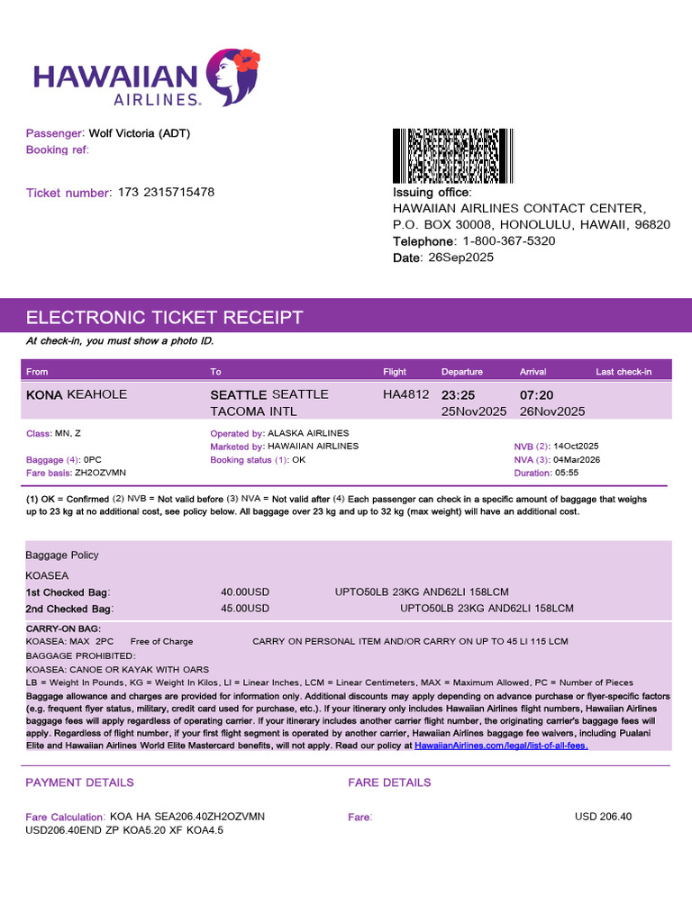 Hawaiian Airlines Electronic Ticket Receipt | PDF | Airlines | Frequent ...